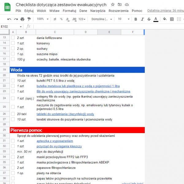 Checklista do przygotowania zestawu ewakuacyjnego
